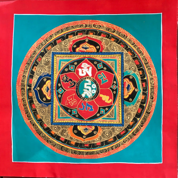 Mandala Painting - Om Mani Padme Hung with Turquoise & Red - Jalu Jems ...